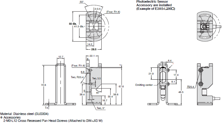 E3AS Series Distance-settable Photoelectric Sensor/Dimensions | OMRON ...